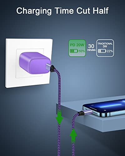 Power Delivery 20W Type USB C Quick Charging Wall Charger Adapter with 3FT Type-C to Lightning Cable for iPhone 14/14 Plus/14Pro/14 Pro Max/13/13Pro/13 Pro Max/12/12Pro/12 Pro Max/11/11 Pro Max-Purple