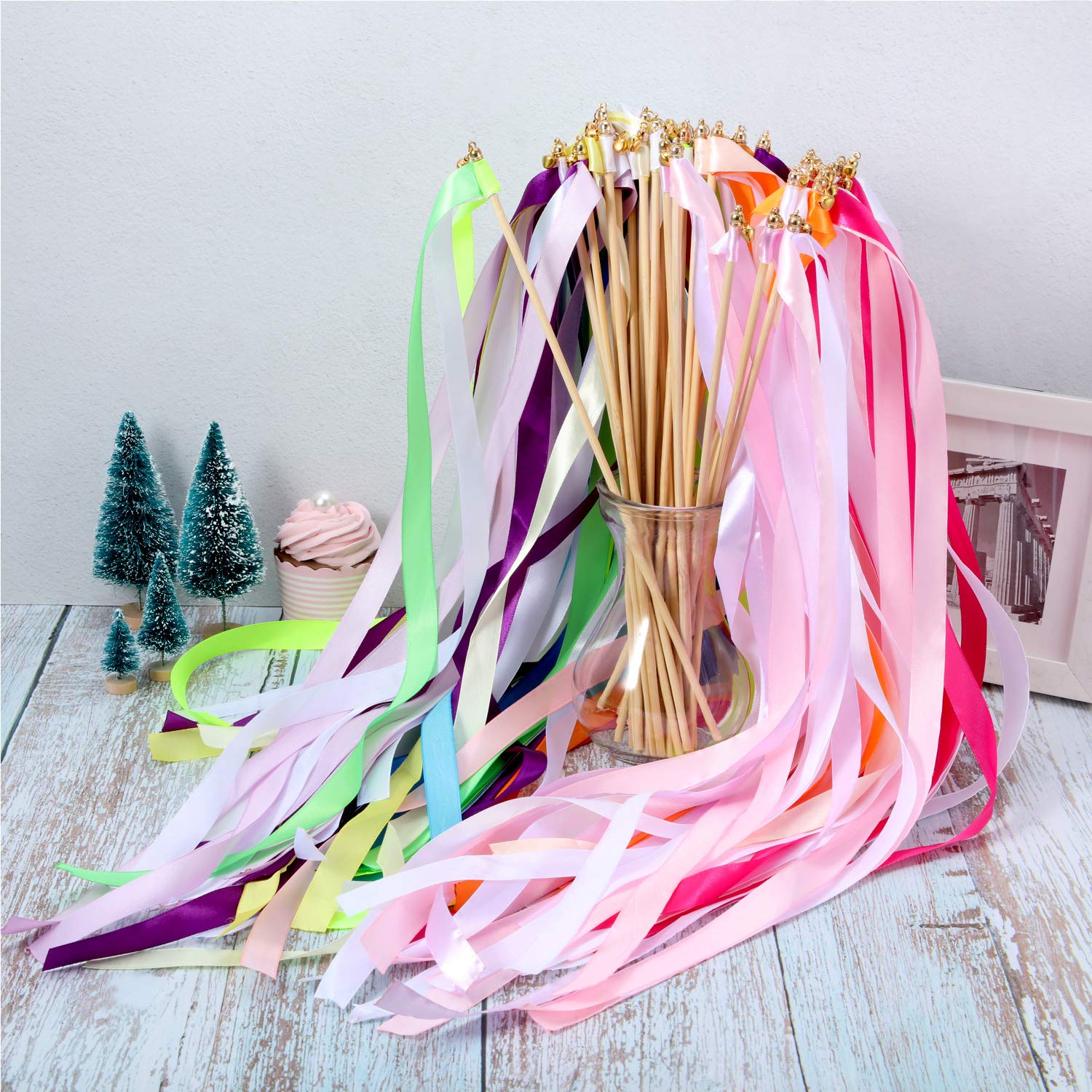 40 Pieces Mix Color Ribbon Sticks with Bell Fairy Stick Party Streamers for Wedding Party(Multicolor)