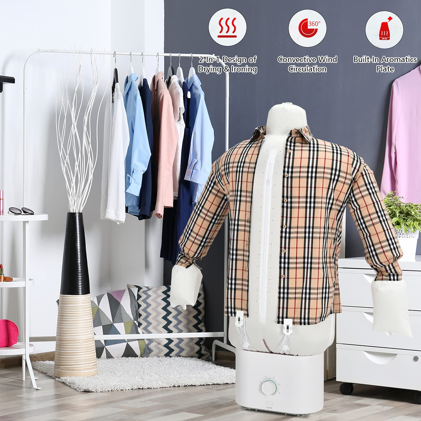 Renatone 1050W Portable Clothes Dryer, Multifunctional Clothes Drying & Ironing Machine w/Timer, Hot/Cold Wind, Automatic Garment Dryer & Iron Rack