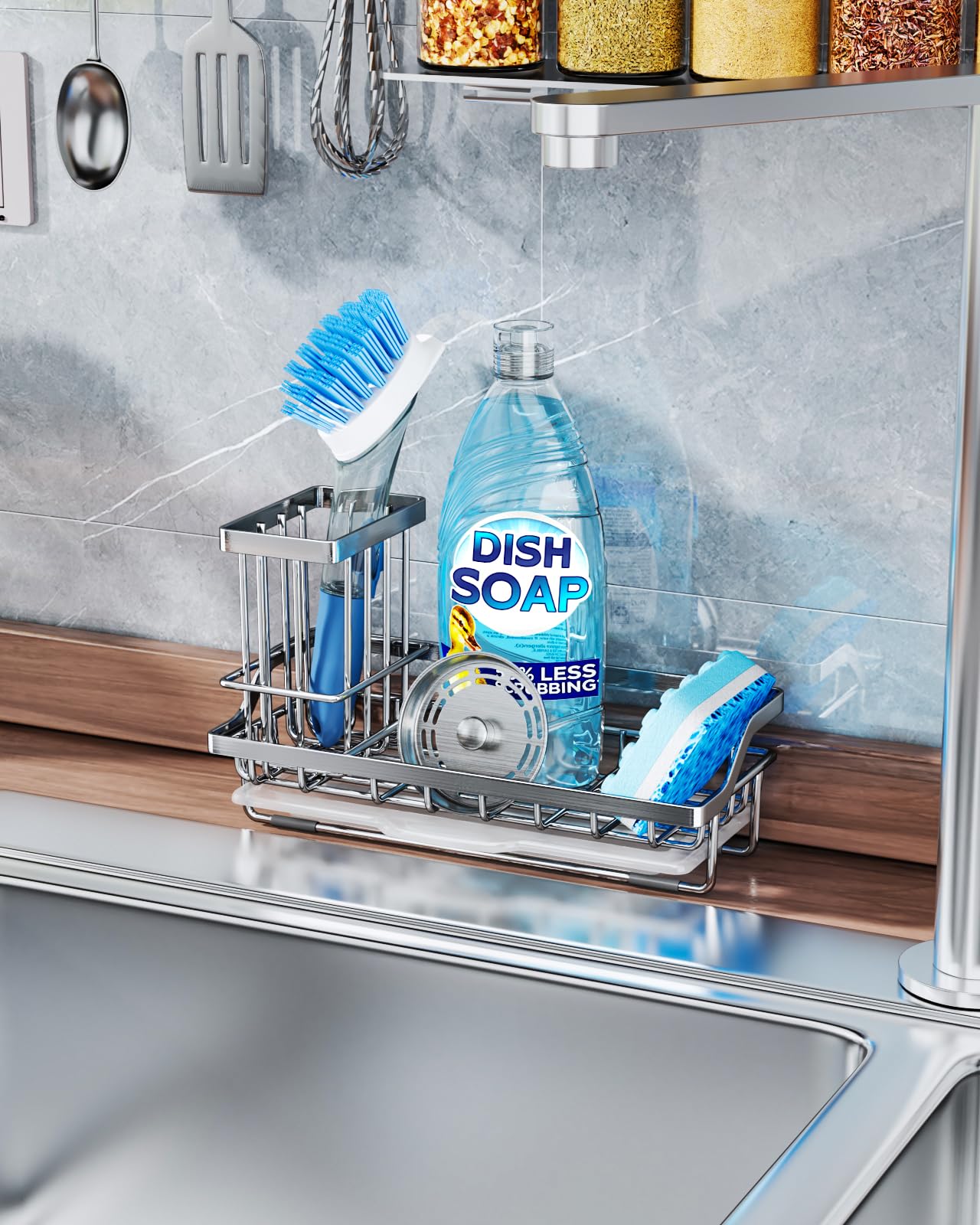 Sink Caddy, Consumest Kitchen Sponge Holder + Dish Brush Holder for Kitchen Sink, Sink Organizer with Drip Tray for Countertop, Stainless Steel Rustproof - Silver