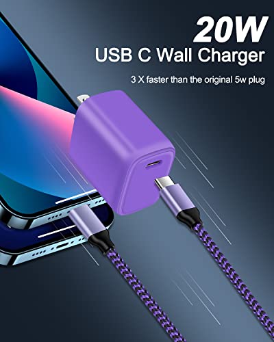 Power Delivery 20W Type USB C Quick Charging Wall Charger Adapter with 3FT Type-C to Lightning Cable for iPhone 14/14 Plus/14Pro/14 Pro Max/13/13Pro/13 Pro Max/12/12Pro/12 Pro Max/11/11 Pro Max-Purple