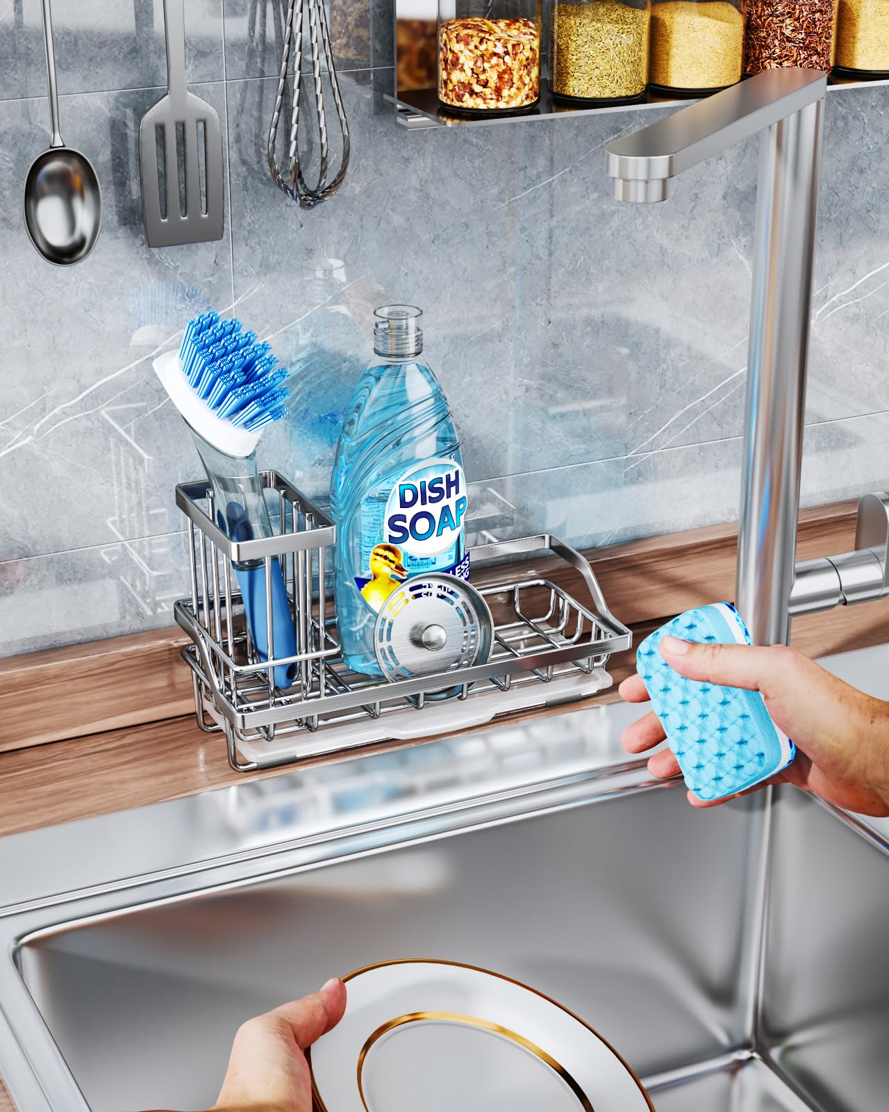 Sink Caddy, Consumest Kitchen Sponge Holder + Dish Brush Holder for Kitchen Sink, Sink Organizer with Drip Tray for Countertop, Stainless Steel Rustproof - Silver
