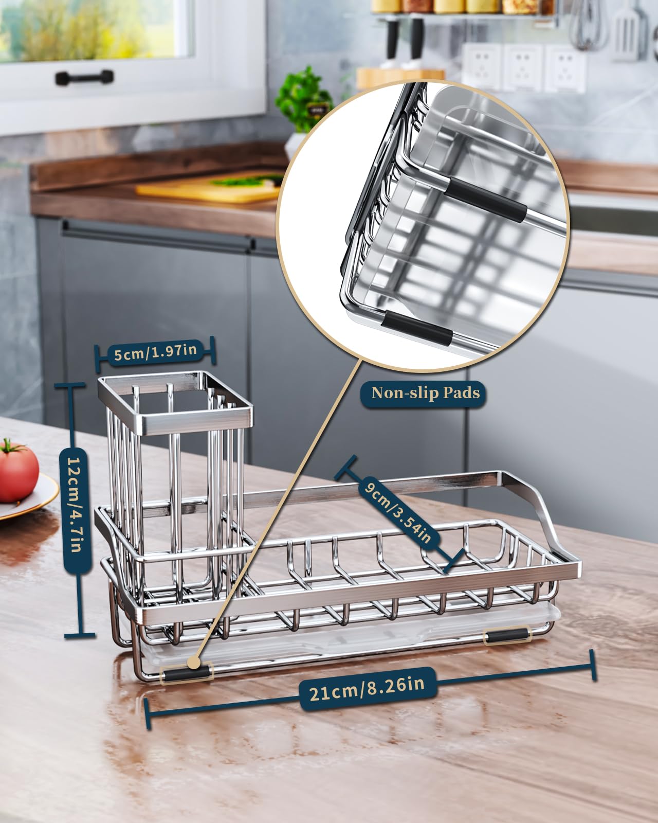 Sink Caddy, Consumest Kitchen Sponge Holder + Dish Brush Holder for Kitchen Sink, Sink Organizer with Drip Tray for Countertop, Stainless Steel Rustproof - Silver