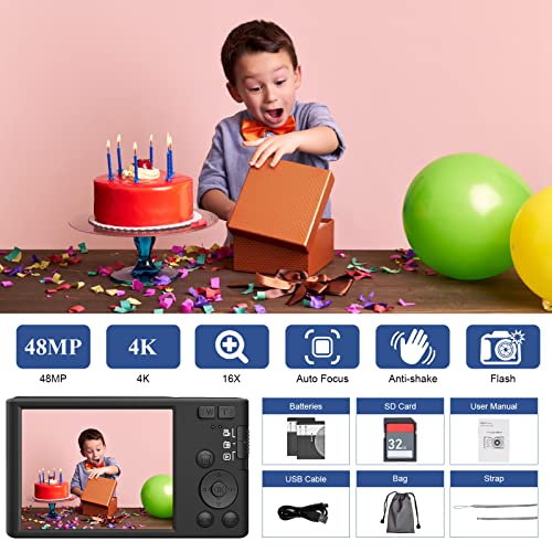 4K Digital Camera - 48MP Camera with 32GB SD Card,4K Rechargeable Electronic Mini Camera for Students, Teens, Kids