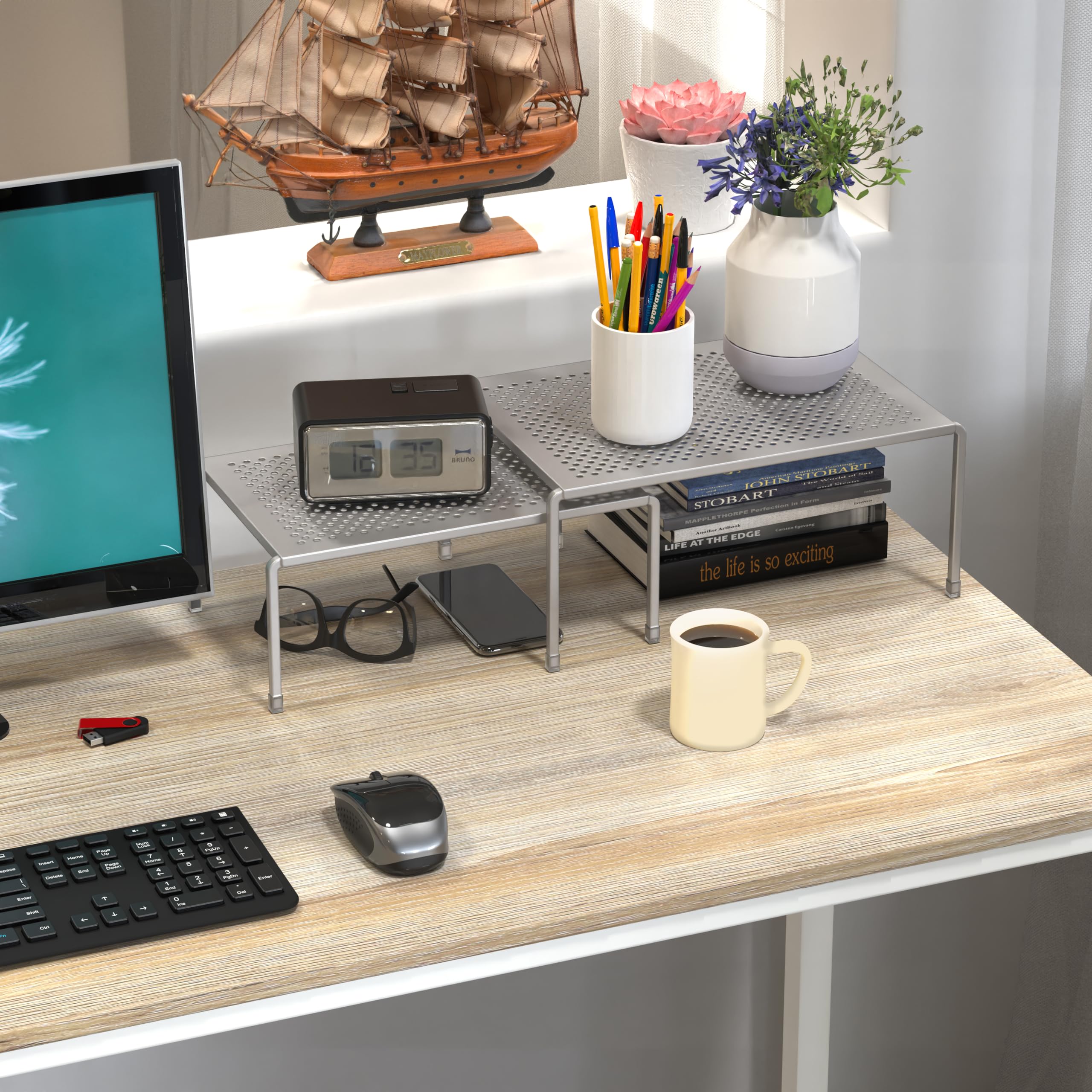 DecoBros Expandable Stackable Kitchen Cabinet and Counter Shelf Organizer,Silver