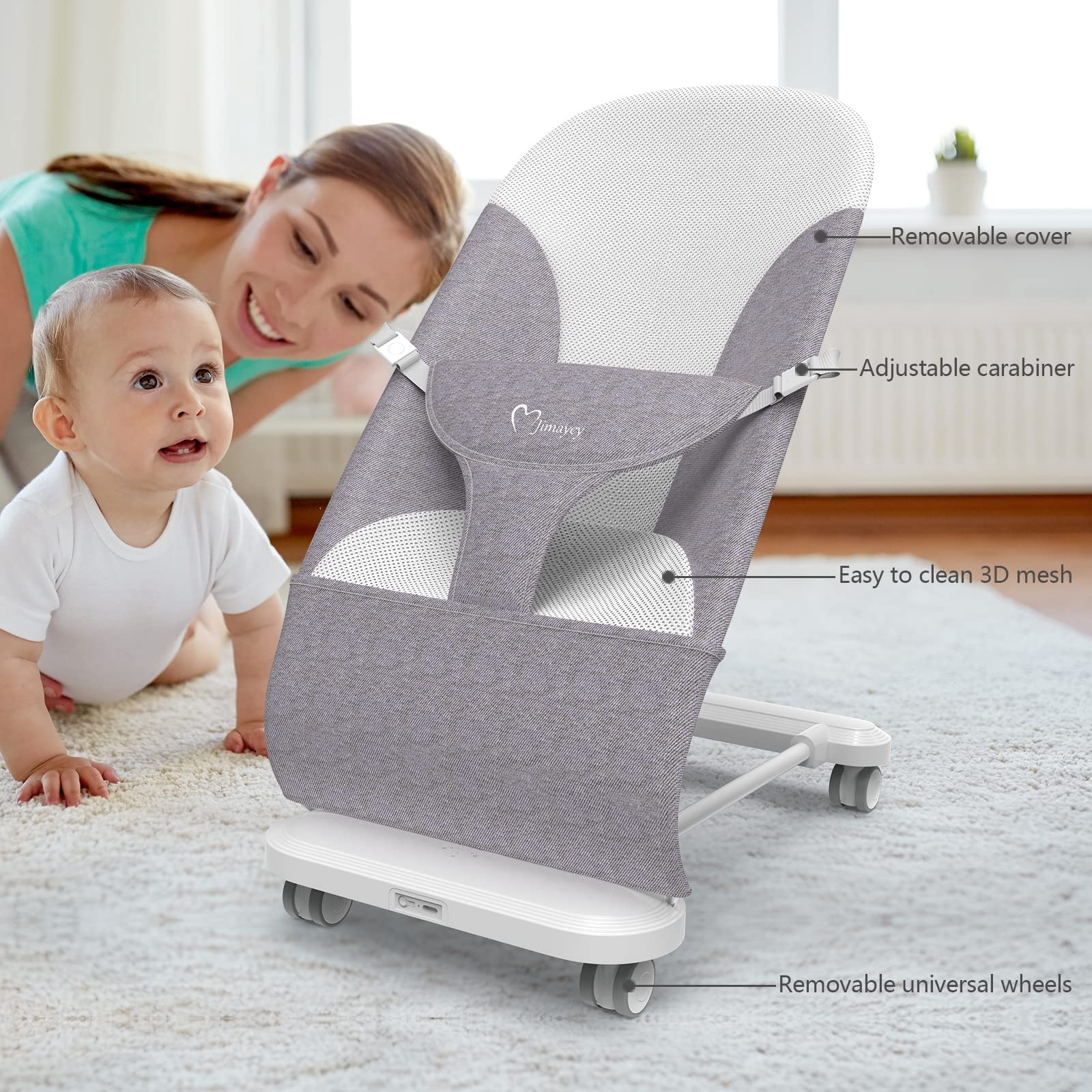 Baby-Bouncer-Seat-for-Infants: Portable Bouncer for Babies 0-6 Months:Infant Bouncers & Rockers: Baby Rocker for Infants with Removable Wheels: Adjustable Multi Position Infant Bouncer Seat