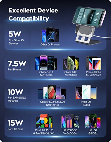 Wireless Charger, 15W Fast Wireless Charging, Ultra-Thin Aluminum Alloy Cell Phone Stand, Compatible with iPhone 14/13/12/11/X/8 Series, Samsung, Motorola, Huawei, OnePlus, Pixel, Qi Certified Device