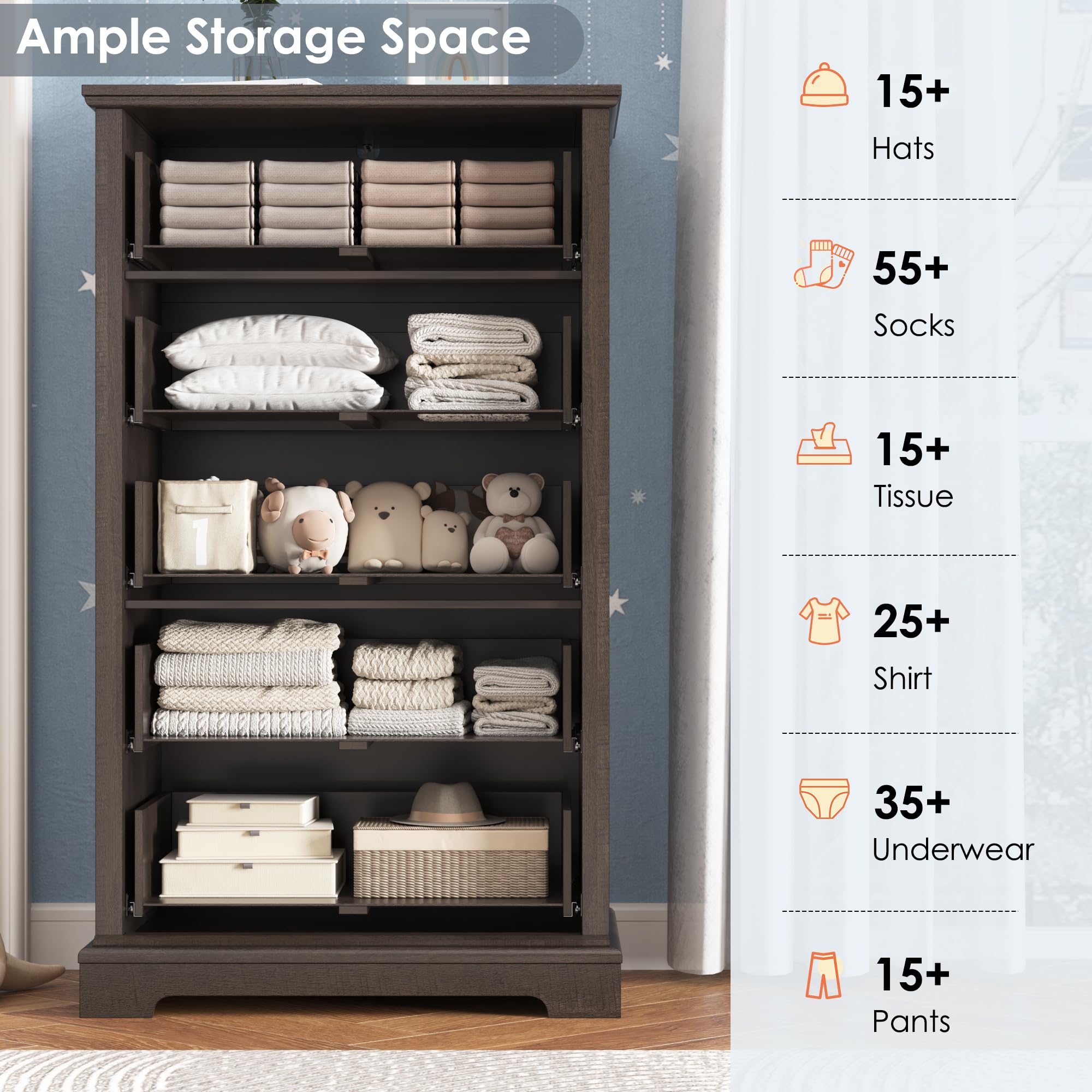 HOSTACK 5 Drawer Tall Dresser, Modern Farmhouse Chest of Drawers, Wood Dressers Organizer, Accent Storage Cabinet for Living Room, Hallway, Home Office, Dark Brown
