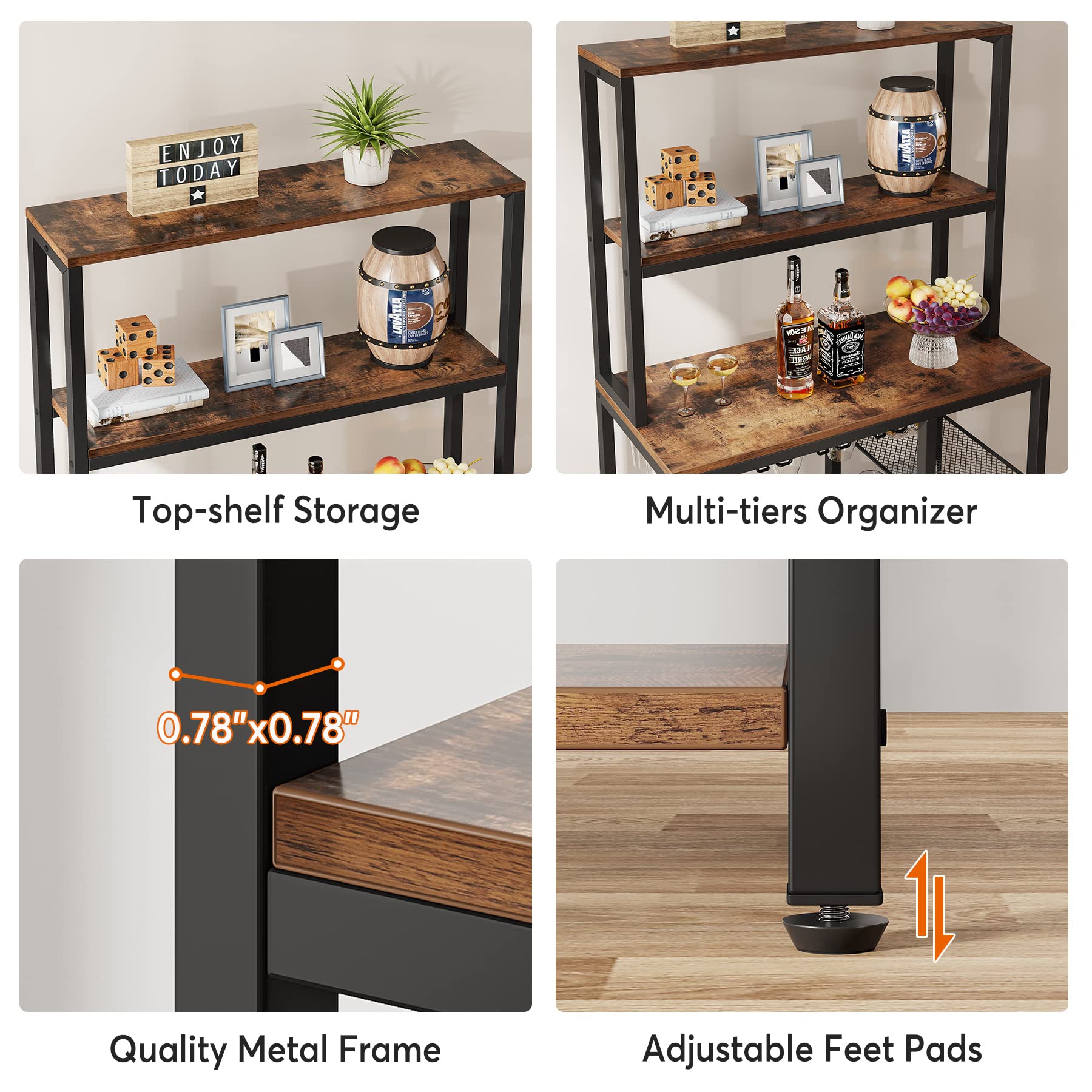 Tribesigns 5 Tiers Wine Rack Table, Bakers Rack with Wine Storage, Wine Rack Freestanding Floor with Glass Stemware Holders,Wine Bar Table for Kitchen, Dinning Room, Rustic Brown