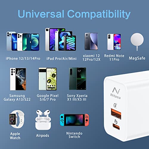 20W USB C Wall Charger,NITASA 2-Pack Dual Port Fast PD+Quick Charge 3.0 Charger Block Plug for iPhone 14 13/12/11/14 Pro Max SE iPad Galaxy Pixel,USB C Power Adapter Fast Charging for iPhone 14 Plus