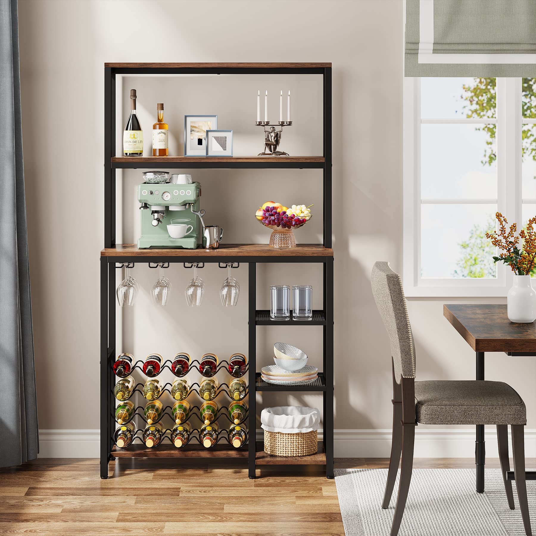 Tribesigns 5 Tiers Wine Rack Table, Bakers Rack with Wine Storage, Wine Rack Freestanding Floor with Glass Stemware Holders,Wine Bar Table for Kitchen, Dinning Room, Rustic Brown