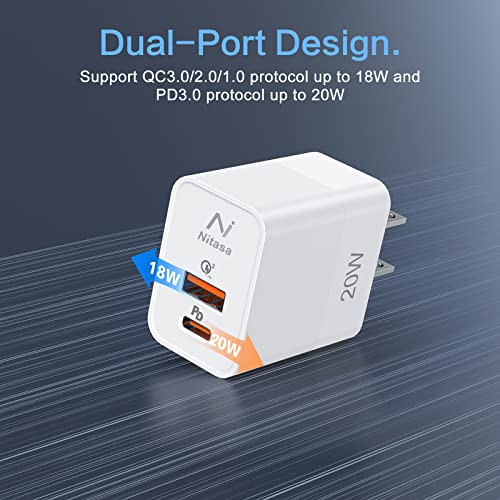20W USB C Wall Charger,NITASA 2-Pack Dual Port Fast PD+Quick Charge 3.0 Charger Block Plug for iPhone 14 13/12/11/14 Pro Max SE iPad Galaxy Pixel,USB C Power Adapter Fast Charging for iPhone 14 Plus