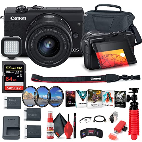 Canon EOS M200 Mirrorless Digital Camera with 15-45mm Lens (Black) (3699C009), 64GB Card, Case, Filter Kit, Corel Photo Software, 2 x LPE12 Battery, External Charger + More (Renewed)