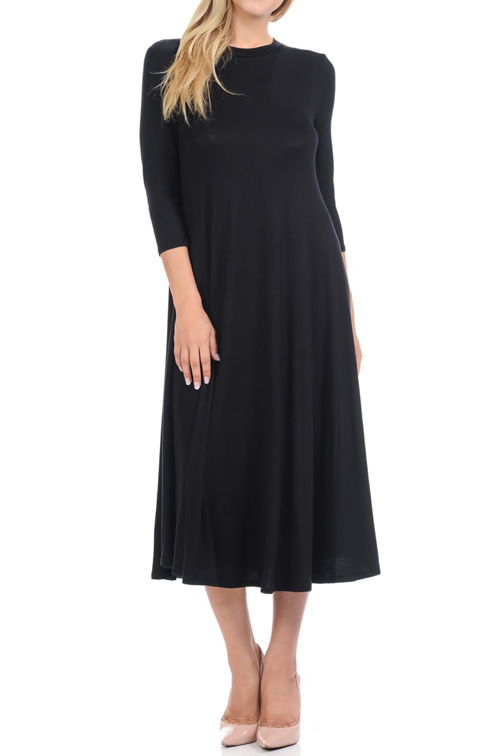 iconic luxe Women's Swing Midi Dress – 3/4 Sleeve Flowy A-Line Tunic – Soft, Stretchy, Comfortable, and Versatile Casual Dress for Everyday Wear X-Large Black
