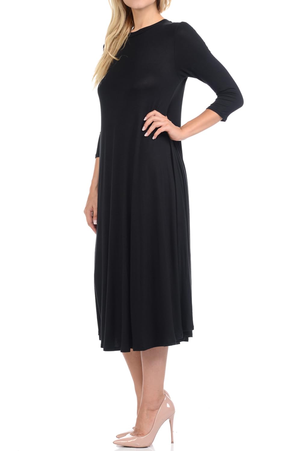iconic luxe Women's Swing Midi Dress – 3/4 Sleeve Flowy A-Line Tunic – Soft, Stretchy, Comfortable, and Versatile Casual Dress for Everyday Wear X-Large Black