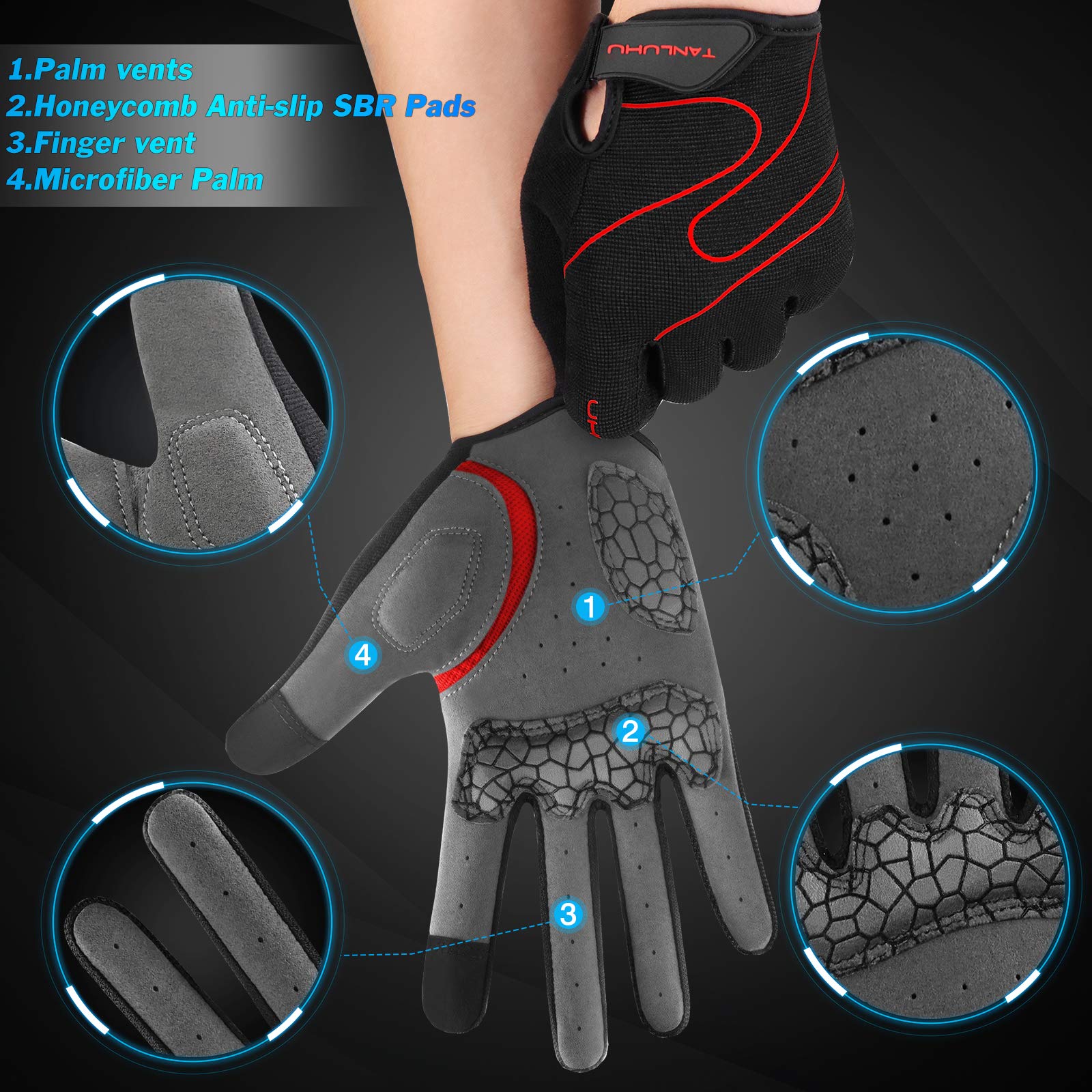 Tanluhu Mountain Bike Gloves - Full Finger Touch Screen, Anti-Slip, Shock-Absorbing for Men & Women (Red)