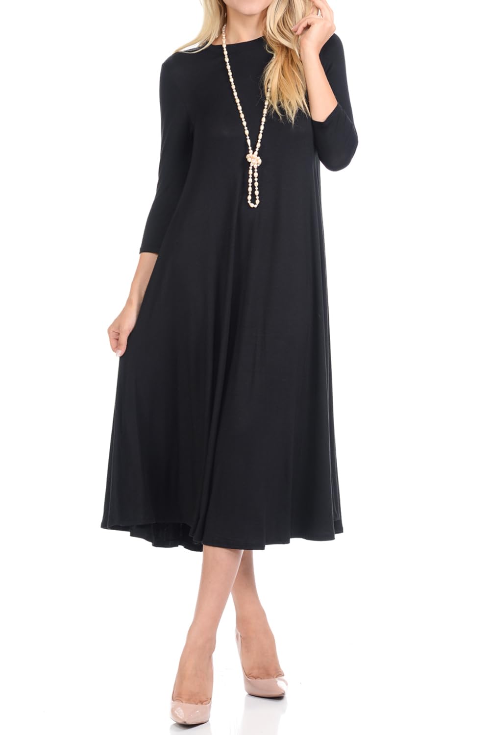 iconic luxe Women's Swing Midi Dress – 3/4 Sleeve Flowy A-Line Tunic – Soft, Stretchy, Comfortable, and Versatile Casual Dress for Everyday Wear X-Large Black
