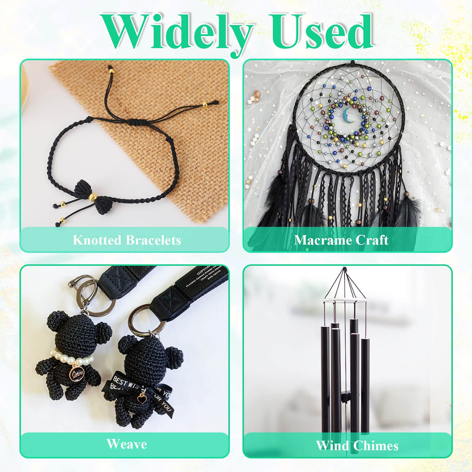 Black Nylon String, Anezus 0.8mm Nylon Thread Chinese Knotting Cord Tarred Twine Outdoor String for Braided Bracelets, Beading, Necklaces, Macrame Craft, Wind Chime, Blinds, Jewelry Making