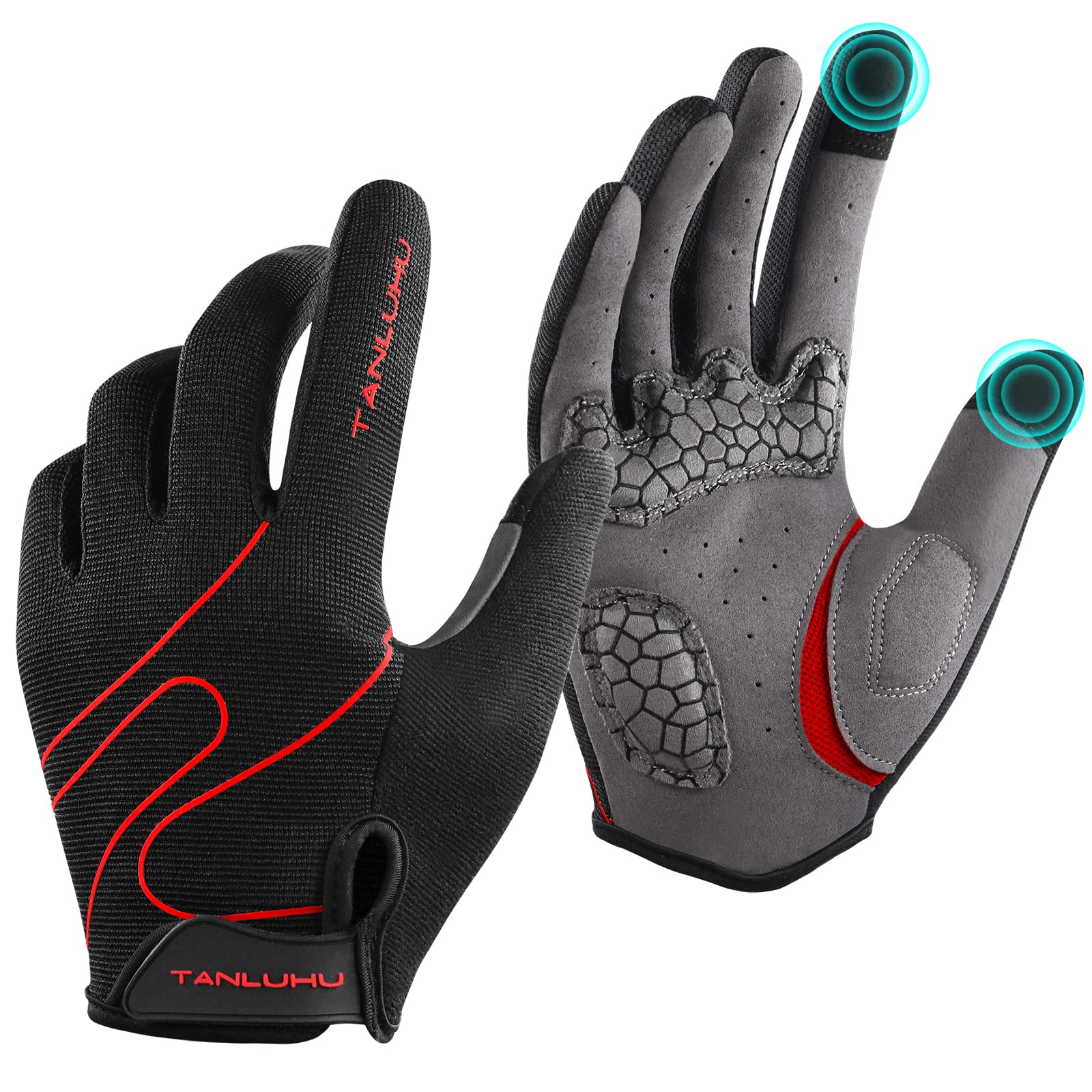 Tanluhu Mountain Bike Gloves - Full Finger Touch Screen, Anti-Slip, Shock-Absorbing for Men & Women (Red)