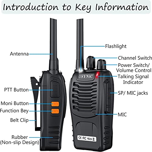 Walkie Talkies,eSynic 2Pcs Professional Rechargeable Walkie Talkies Long Range 2 Way Radio Handheld Wireless Walkie Talkies for Adults Supports VOX 16 Channel with LED Light Original Earpieces etc