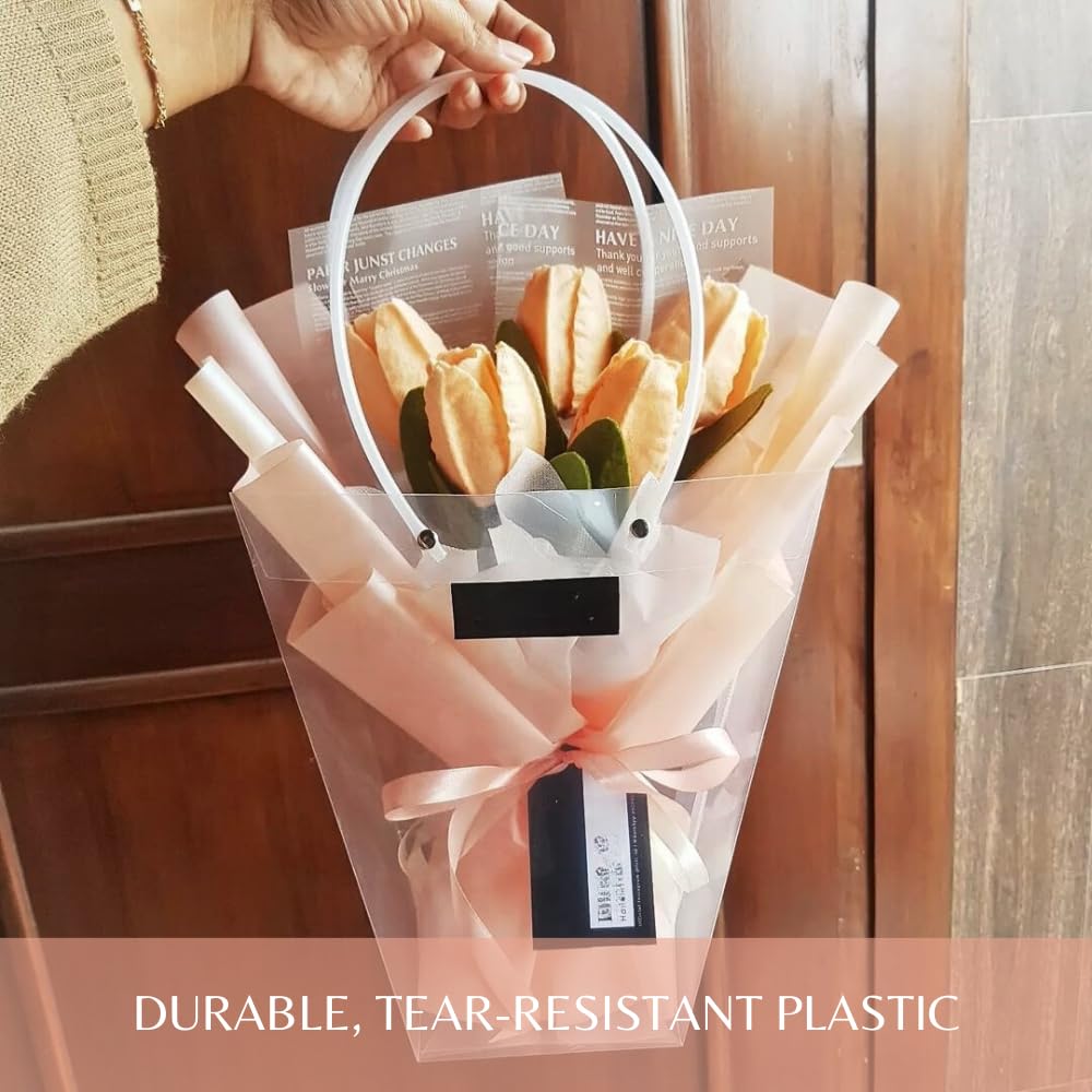 BBC Clear Flower Bouquet Bags with Handle Florist Shop Packaging Supplies, 5 Pcs (7.9 * 7 * 4 inch)