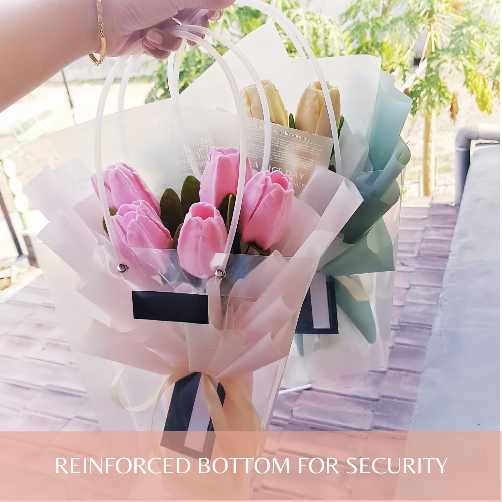 BBC Clear Flower Bouquet Bags with Handle Florist Shop Packaging Supplies, 5 Pcs (7.9 * 7 * 4 inch)