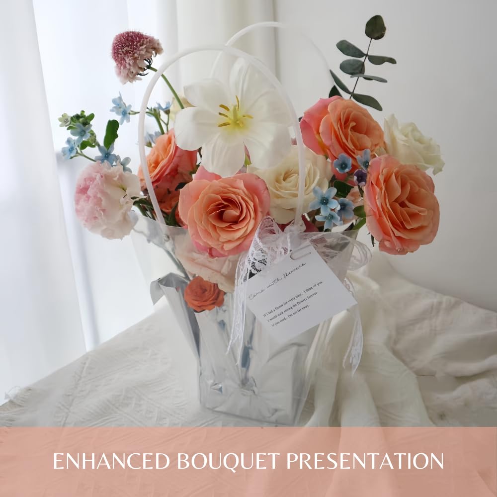 BBC Clear Flower Bouquet Bags with Handle Florist Shop Packaging Supplies, 5 Pcs (7.9 * 7 * 4 inch)