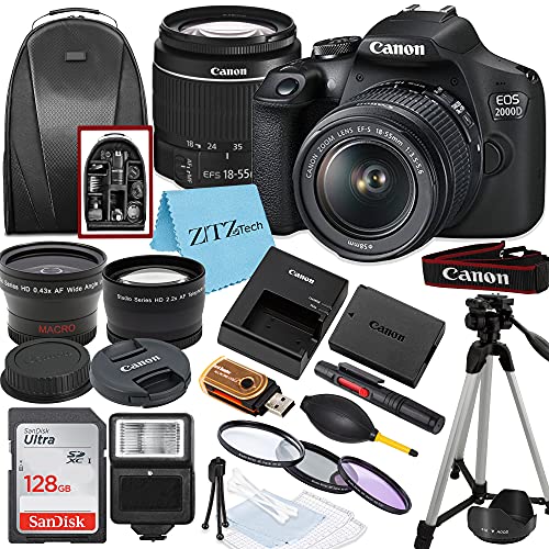 Canon EOS 2000D / Rebel T7 DSLR Camera with EF-S 18-55mm Zoom Lens + SanDisk 128GB Memory Card + Tripod + Case + Wideangle Lenses + ZeeTech Accessory Bundle (20pc Bundle) (Renewed)