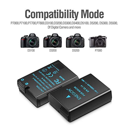 ENEGON EN-EL14/EL14a Replacement Battery (2 Pack) and Smart LCD Dual Charger Kit for Nikon D3100, D3200, D3300, D3400, D3500, D5100, D5200, D5300, D5500 Coolpix P7000 P7100 P7700 P7800 Cameras