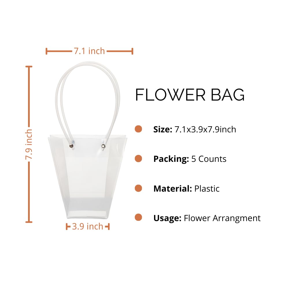 BBC Clear Flower Bouquet Bags with Handle Florist Shop Packaging Supplies, 5 Pcs (7.9 * 7 * 4 inch)