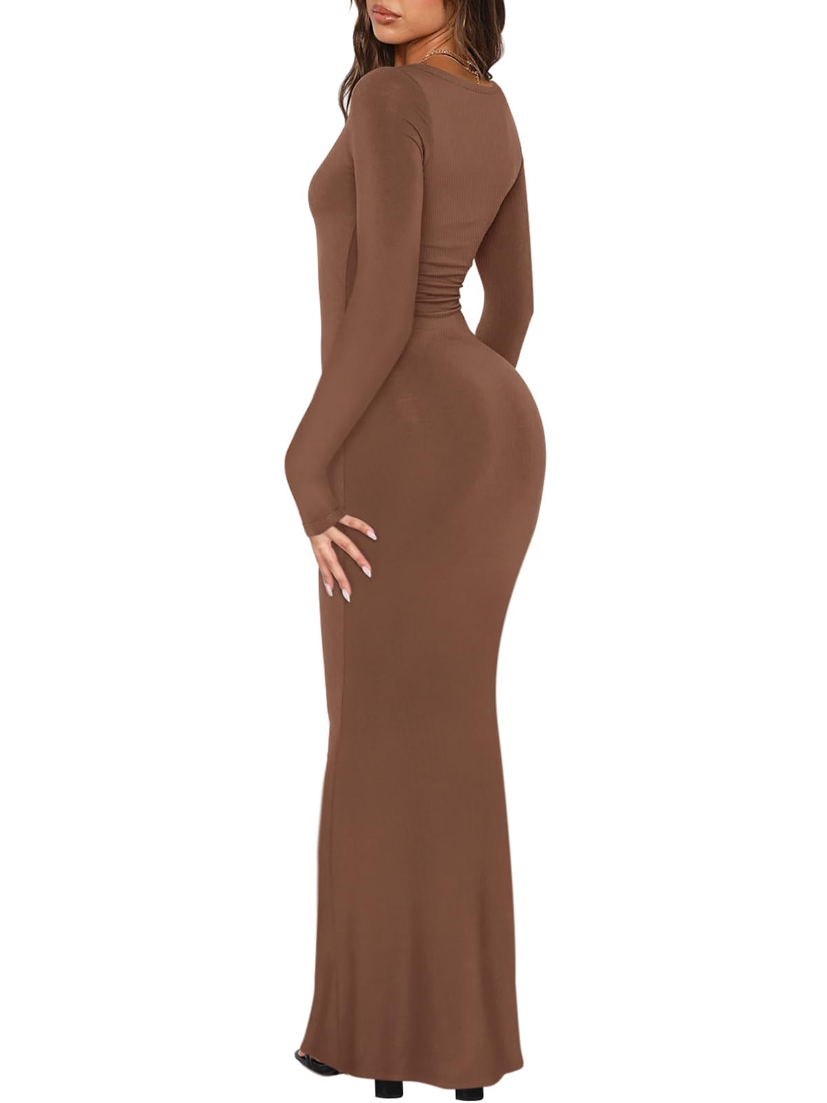 REORIA Womens Sexy Casual Scoop Square Neck Long Sleeve Soft Lounge Long Dress Fall Wedding Guest Elegant Ribbed Bodycon Maxi Dresses Coffee X-Small