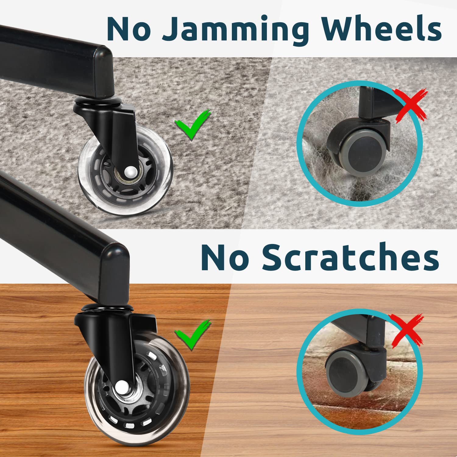 Office Chair Wheels (Set of 5), 3'' 100% No Scratches Caster Wheels, Heavy Duty & Safe Computer Gaming Chair Casters Quiet Rolling, Suitable for All Floors Including Hardwood Cappet