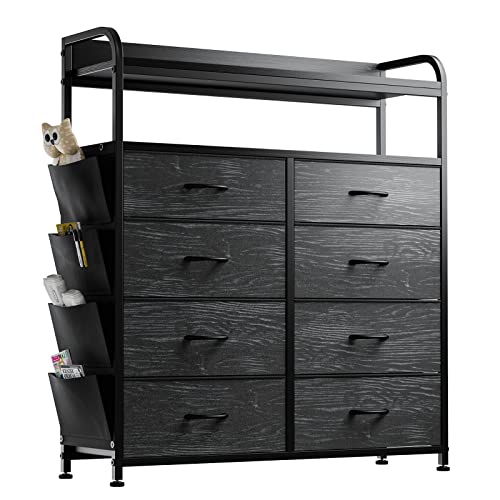 Lulive 8 Drawer Dresser with Shelves, Chest of Drawers for Bedroom with Side Pockets and Hooks Fabric Storage Tower Organizer for Nursery Hallway, Closet, Wood Top (Charcoal Black), (Dressers-HI1349)