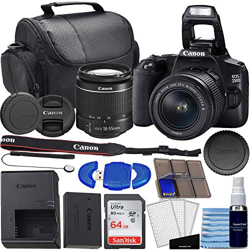 Camera EOS 250D (Rebel SL3) DSLR w/ 18-55mm Lens | 24.1 Megapixels | 4K HD Video with 64GB Memory, Carrying Case, Card Reader + Photo Bundle