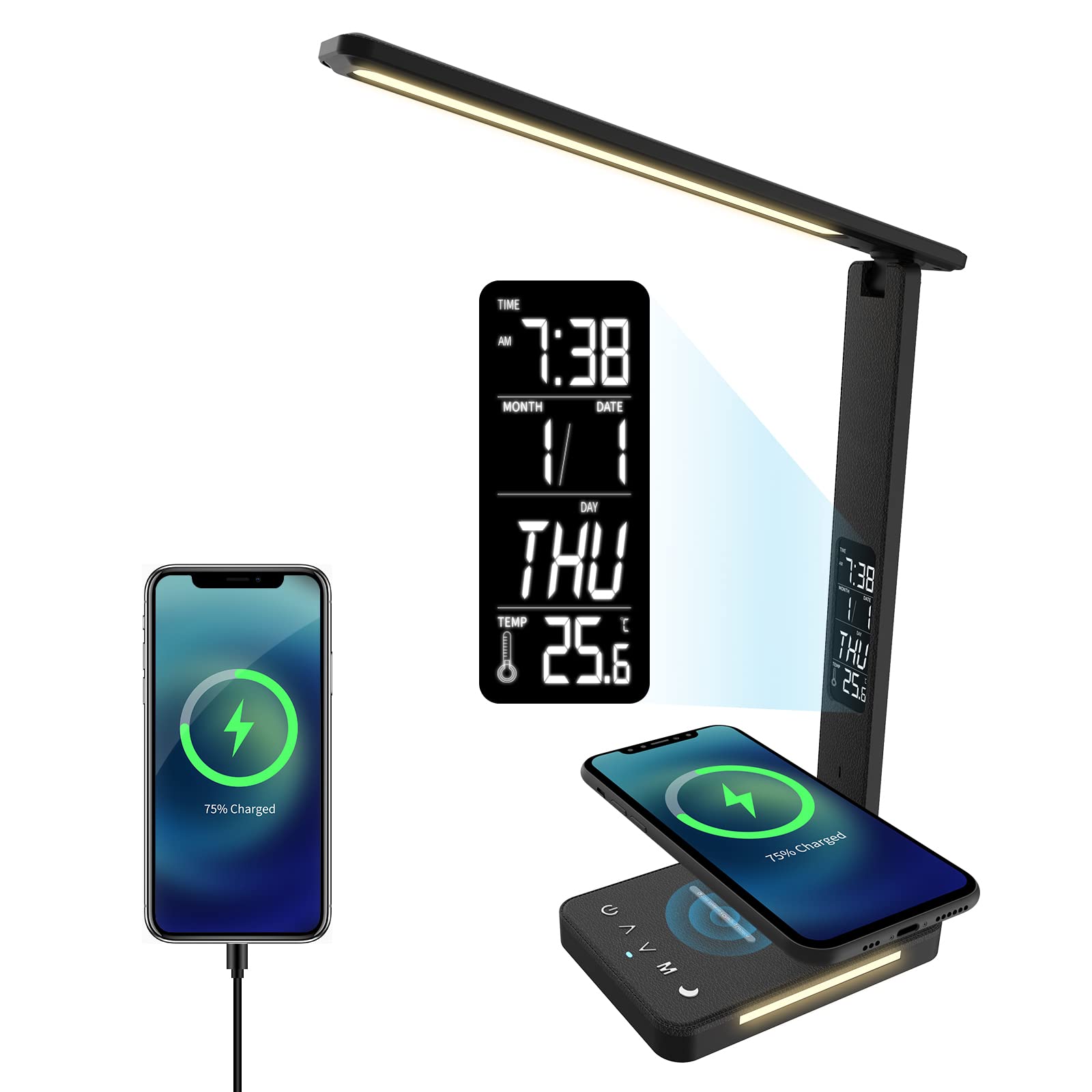 Banrterd Desk Lamp, LED Desk Lamp with Wireless Charger, USB Charing Port, Desk Lamps for Home Office, Dimmable Eye-Protecting Desk Light with Night Light, Digital Alarm Clock, Temperature, Black