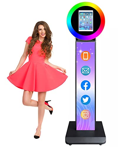 RDYMONKEY Portable Photo Booth for 12.9" Ipad, Metal Shell Stand Selfie Machine with Advertise Light Box, Adjustable RGB LED Ring Light,for Parties, Wedding, Exhibition, Rental Business
