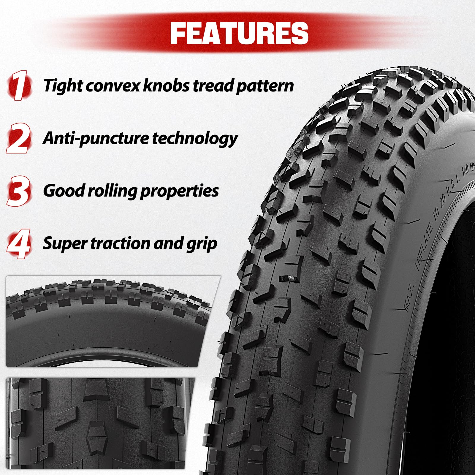 1PZ T20-X01 Fat Tire 20 x 4.0 Inch E-Bike Mountain Bicycle Tire Replacement for High-Performance Puncture-Resistant and All-Terrain Folding Electric MTB Tire with Offroad or Trail Riding