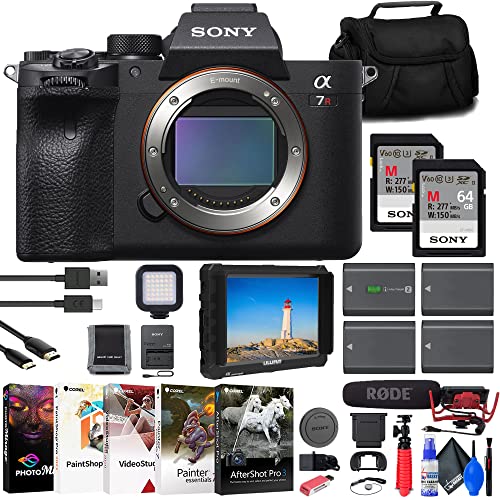 Sony a7R IVA Mirrorless Camera (ILCE7RM4A/B) + 4K Monitor + Rode VideoMic + 2 x 64GB Memory Card + Bag + 3 x NP-FZ100 Compatible Battery + Card Reader + LED Light + Corel Photo Software + More