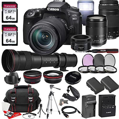 Canon EOS 90D DSLR Camera w/EF-S 18-135mm f/3.5-5.6 IS USM Lens + 75-300mm F/4-5.6 III + EF 50mm f/1.8 STM Lenses + 420-800mm f/8.3 Lens for T Mount+2X 64GB Memory+Hood+Case+Filters+More (35pc Bundle)