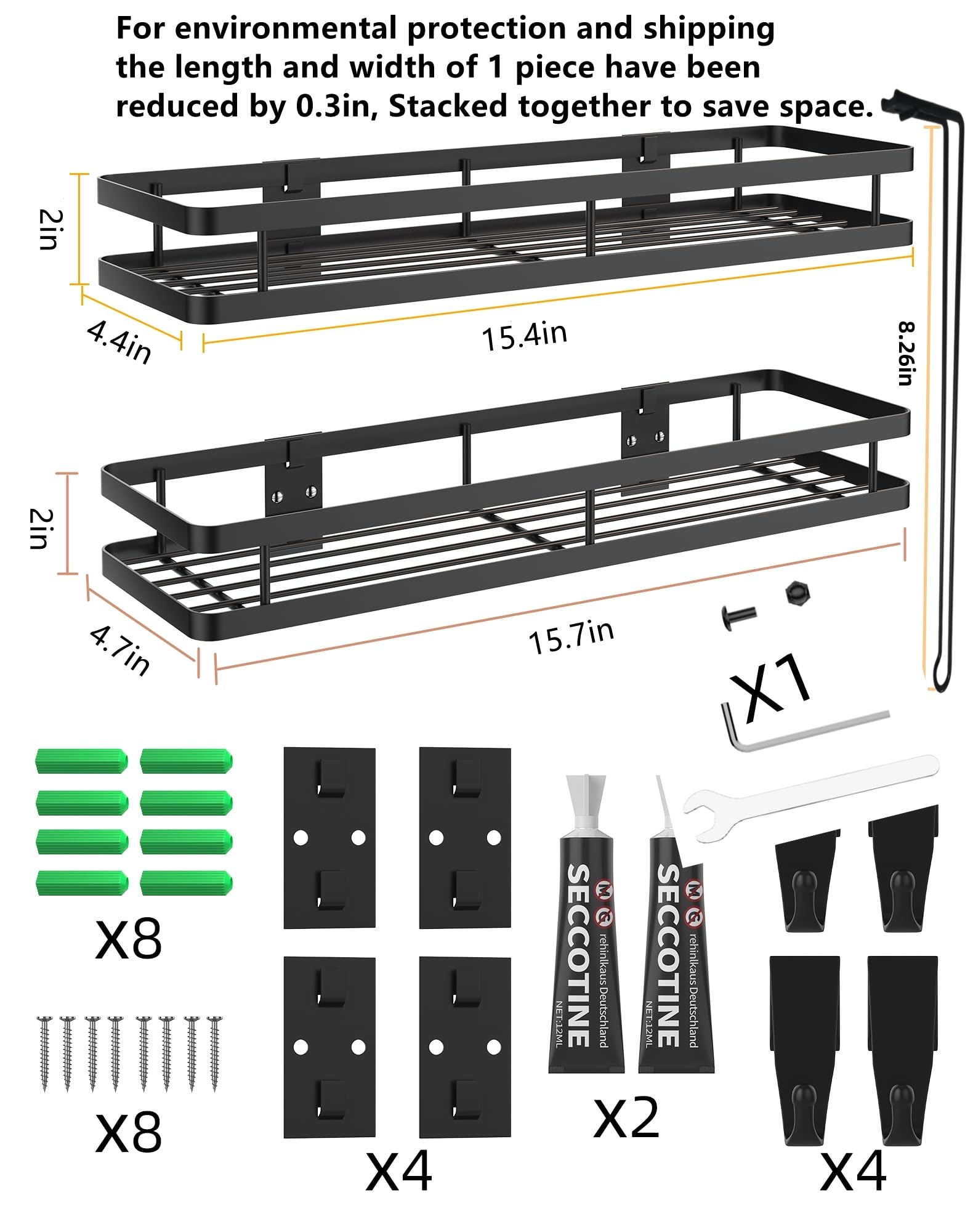 Couwilson Spice Rack Organizer Wall Mounted 15.7in 2 Pack Hanging Seasoning Spice Organizer Shelf, Spice Rack storage for Cabinet or Wall Mount with 4 Strong Hooks, for Kitchen, Bathroom