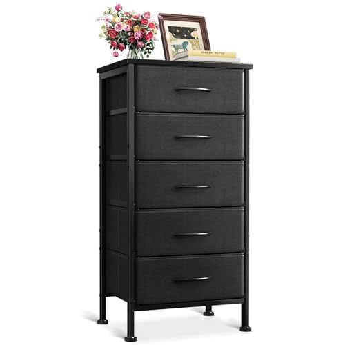 AODK Dresser for Bedroom with 5 Storage Drawers, 31" Small Dresser Chest of Drawers Fabric Dresser with Sturdy Steel Frame, Black