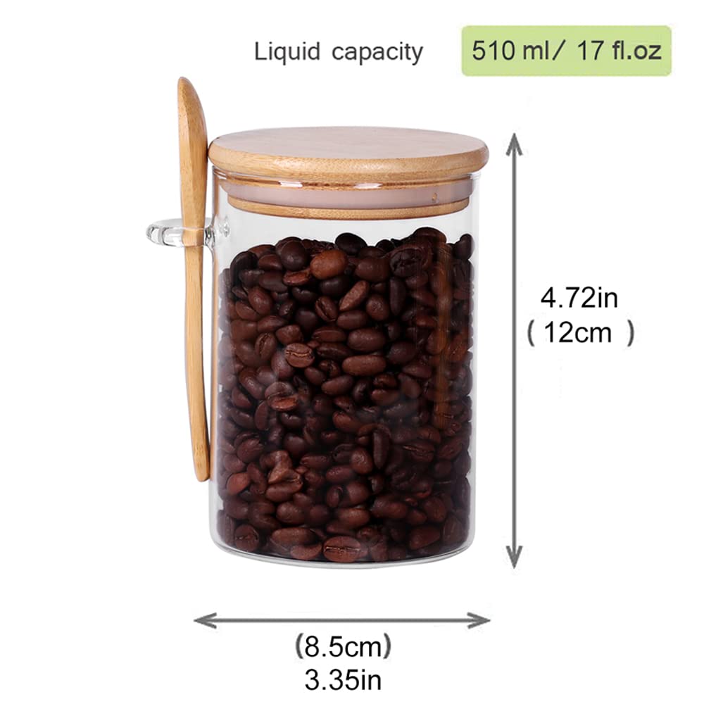 LEAVES AND TREES Y Glass Jars with Bamboo Lids and Spoon, 17 OZ Set of 3 Small Glass Sugar Container with Wooden Lids and Scoop, Coffee Tea Jars for Loose Tea, Coffee Bar Containers
