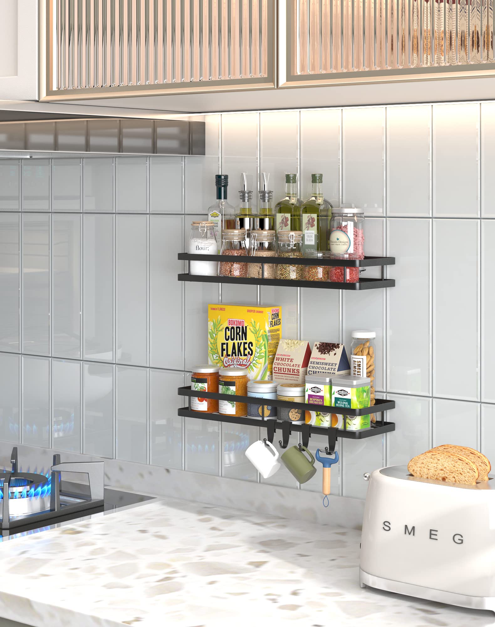 Couwilson Spice Rack Organizer Wall Mounted 15.7in 2 Pack Hanging Seasoning Spice Organizer Shelf, Spice Rack storage for Cabinet or Wall Mount with 4 Strong Hooks, for Kitchen, Bathroom