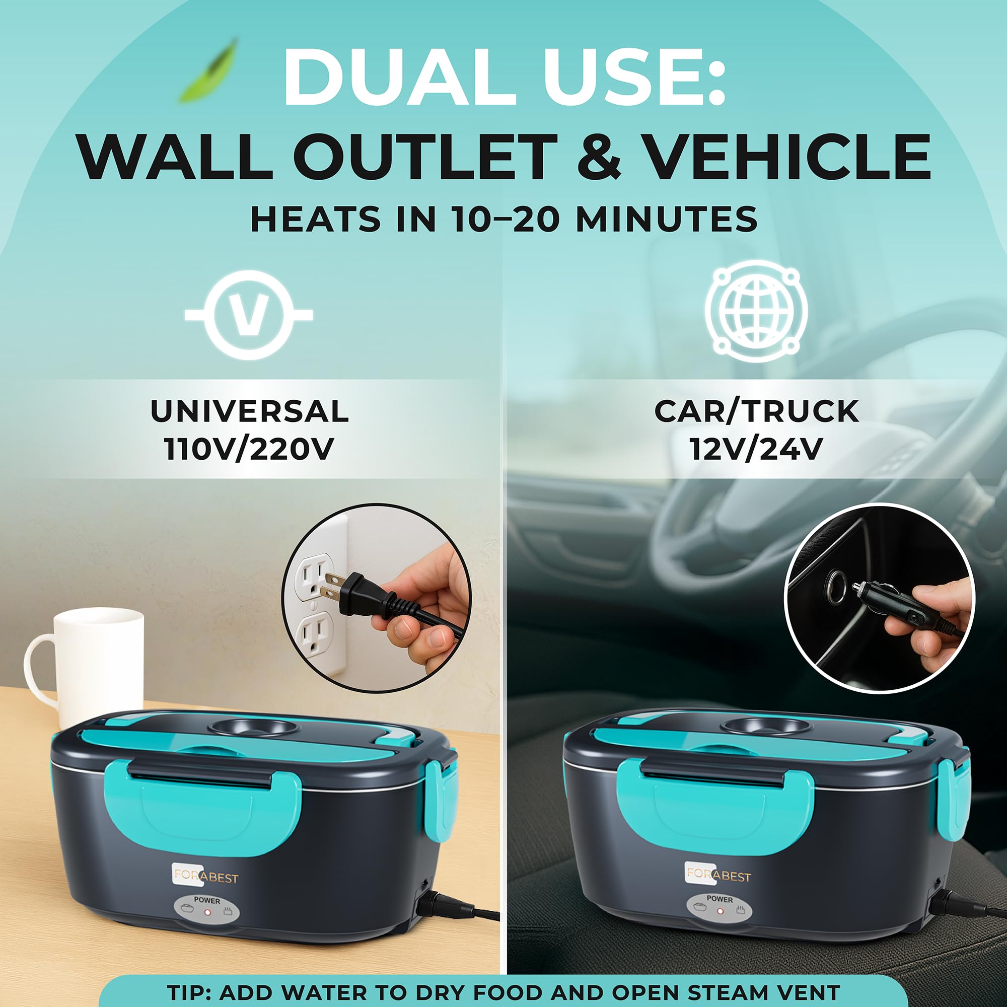 FORABEST Electric Lunch Box Food Heater 2-In-1 Portable Food Warmer Lunch Box for Car & Home – Leak proof, 2 Compartments, Removable 304 Stainless Steel Container, SS fork & spoon and Carry Bag