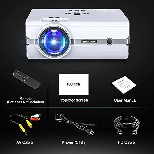 Mini Projectorwith 100" Screen, HOMPOW Portable Projector, Native 720P Outdoor Movie Projector 7500Lux, Home Theater Projector Compatible with HDMI VGA USB TF AV for Home