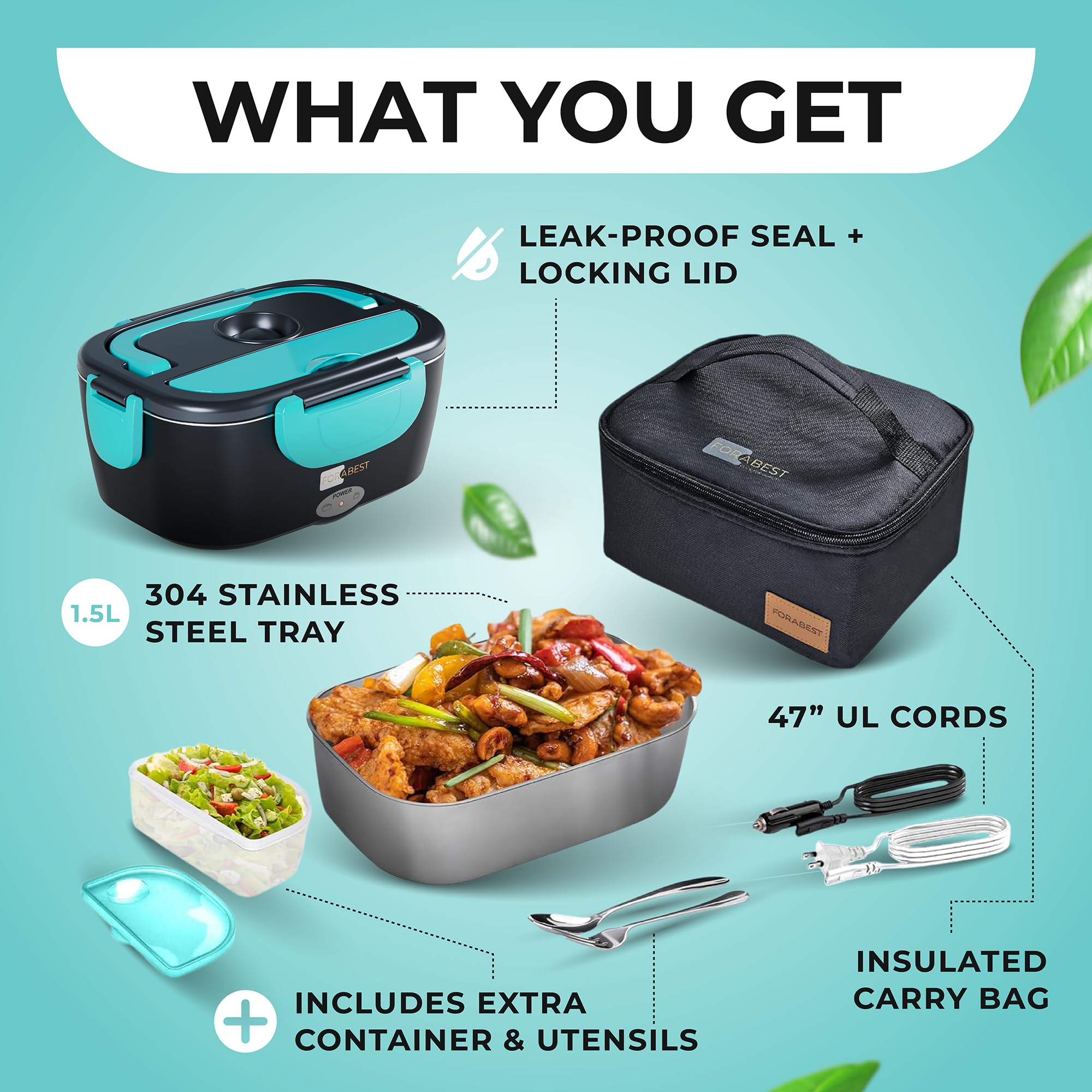 FORABEST Electric Lunch Box Food Heater 2-In-1 Portable Food Warmer Lunch Box for Car & Home – Leak proof, 2 Compartments, Removable 304 Stainless Steel Container, SS fork & spoon and Carry Bag