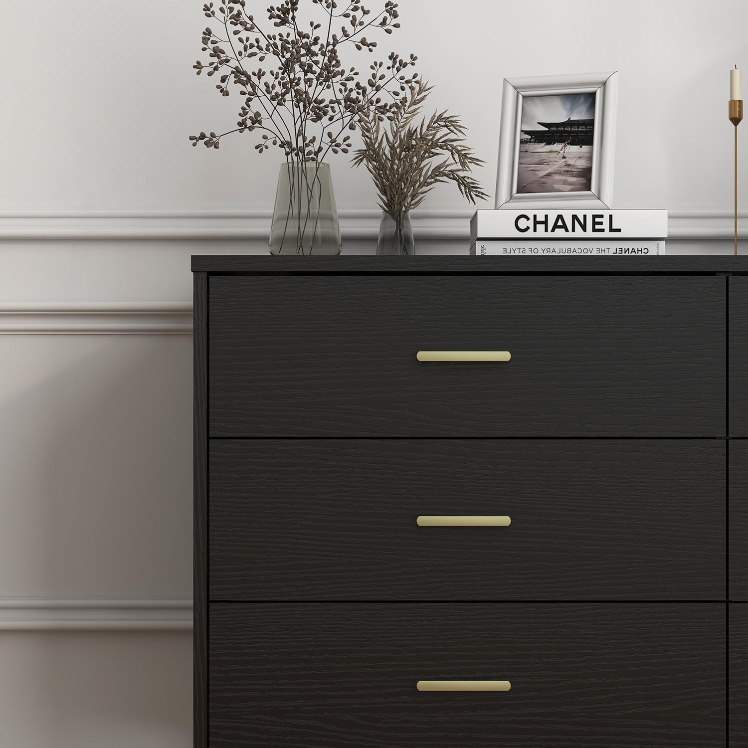 Modern 6 Drawer Wood Dresser, Wood Lateral Chest of Drawers Storage Organizer with Wide Drawers & Metal Gold Handles for Bedroom, Living Room, Hallway, Entryway