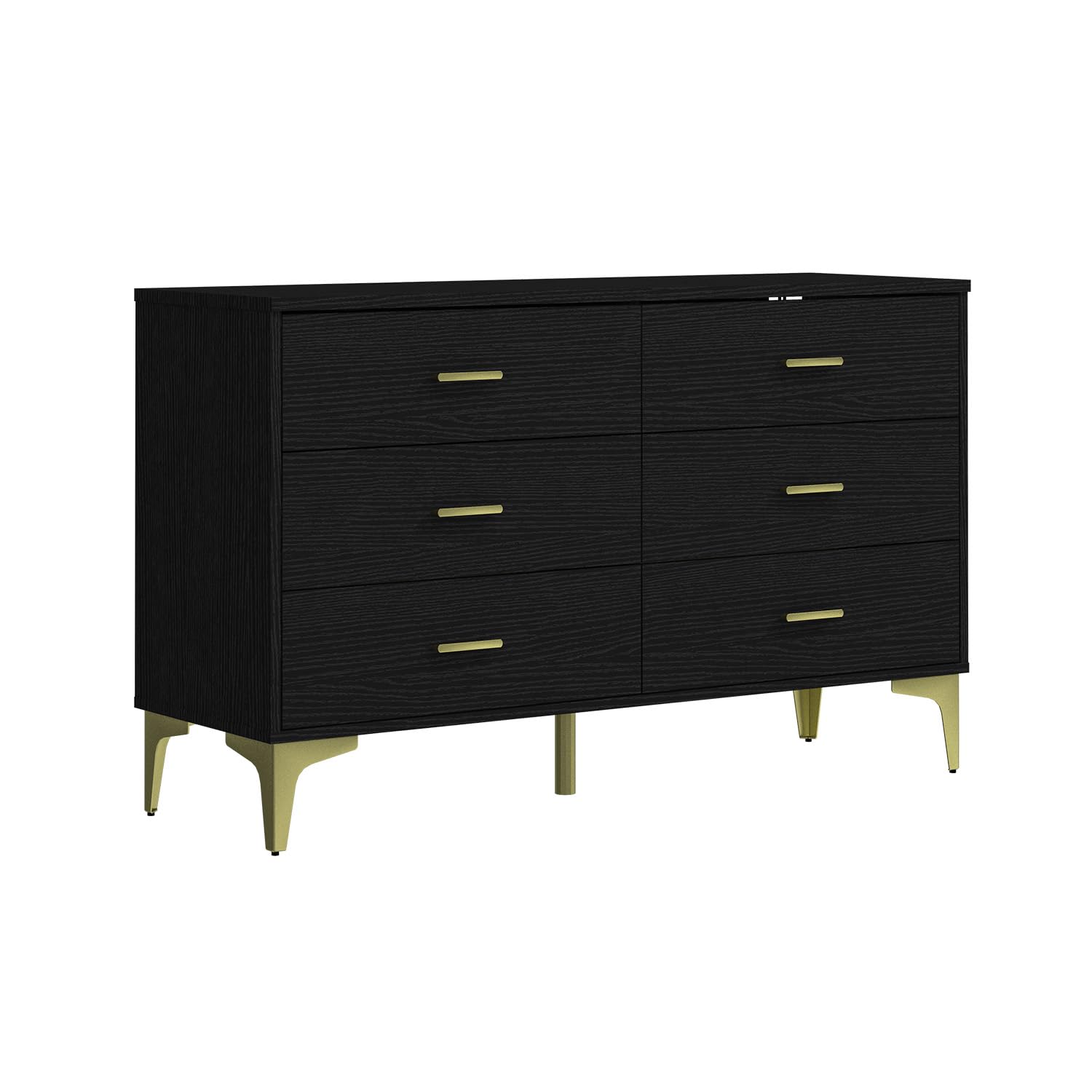 Modern 6 Drawer Wood Dresser, Wood Lateral Chest of Drawers Storage Organizer with Wide Drawers & Metal Gold Handles for Bedroom, Living Room, Hallway, Entryway