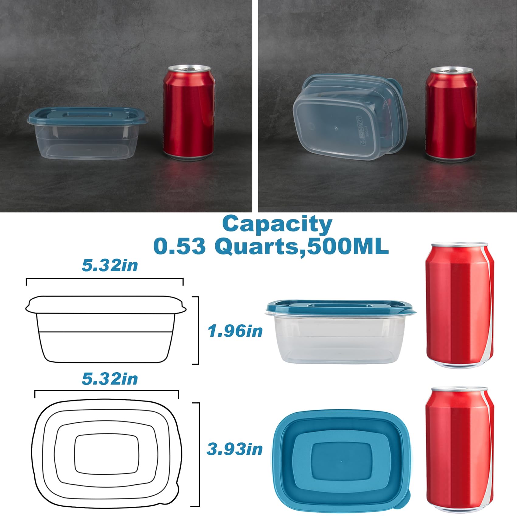 PEDECO Rectangle Plastic Portion box Sets with Lids.Food Storage Box,Container Sets,Food Storage,Food Containers,Cereal Containers,use for School,Work and Travel,0.53 quarts(500ML) per box,Set Of 5