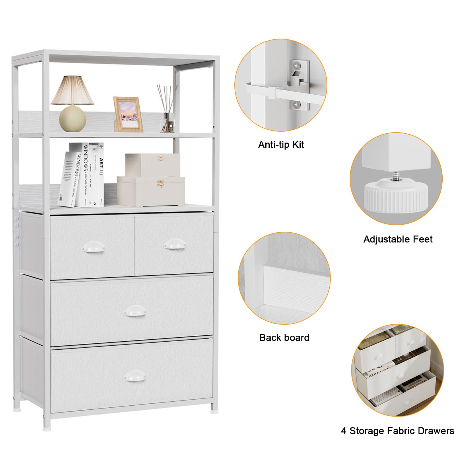 Furnulem White Dresser with 4 Fabric Bins, Tall Storage Tower with 3-Tier Shelf Vertical Standing Chest Organizer for Closet,Laundry,Bedroom,Living Room,Entryway (White)